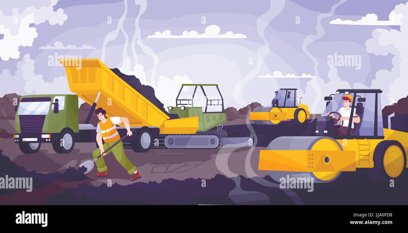 Road paving flat composition with workers laying asphalt and working on ...