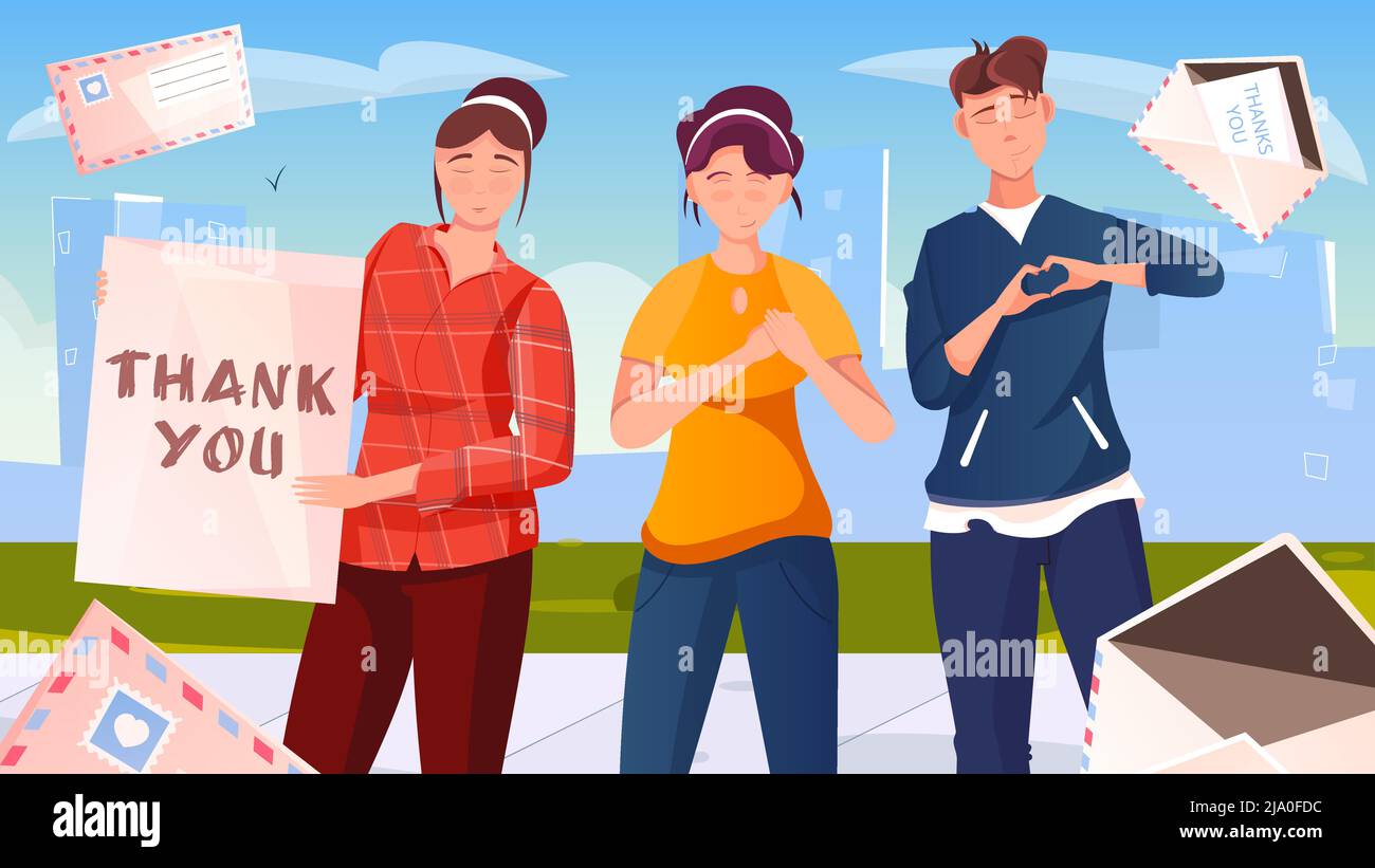 Thank you flat background with group of young people folding heart from ...