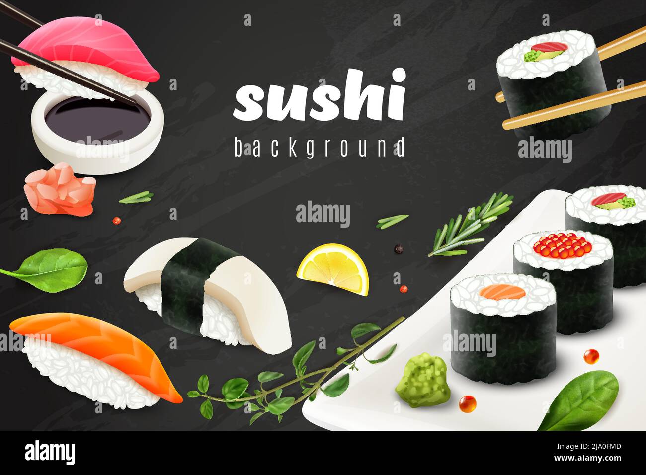 Realistic sushi background with Japanese food restaurant symbols vector ...