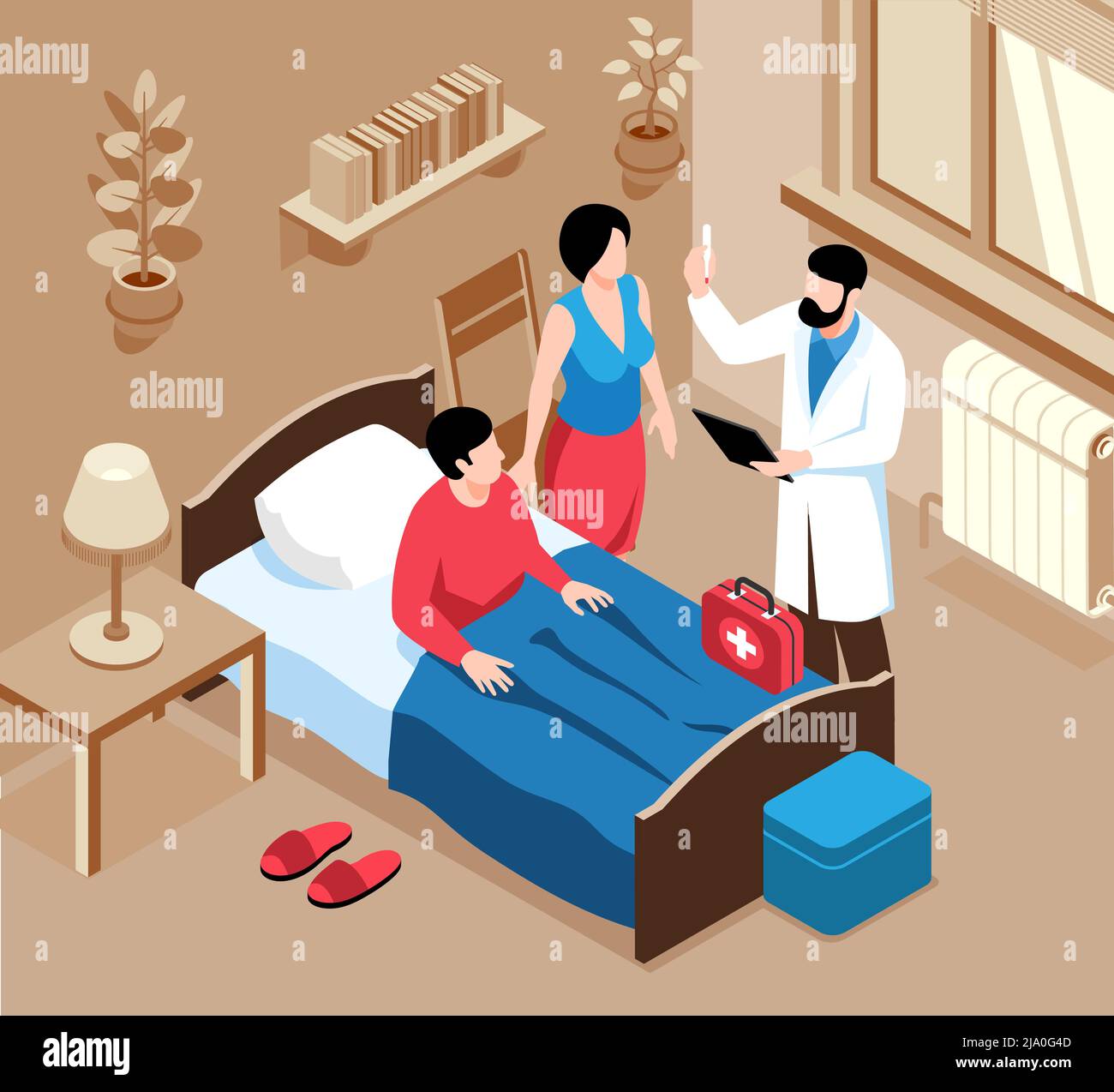 Isometric family doctor composition with indoor scenery of home bedroom ...