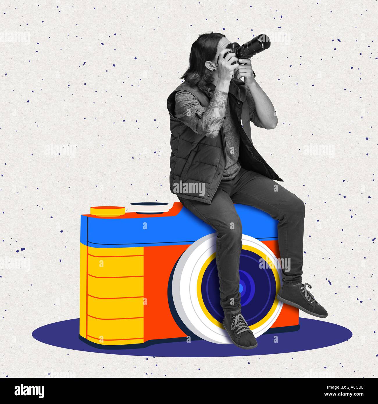 Bright artwork with young photographer, cameraman with retro camera ...