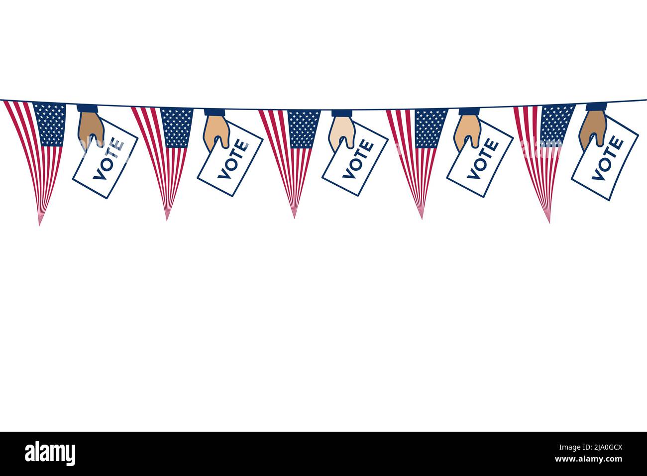 Garland of hand with vote ballot and American flags isolated on a white ...