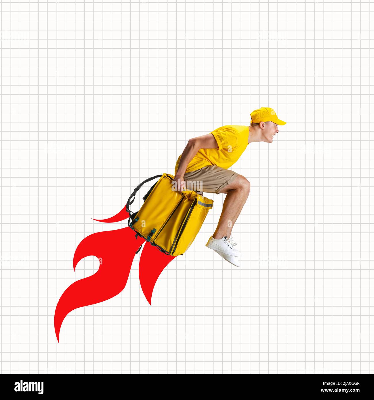 Young delivery man in yellow uniform flying to deliver order isolated ...