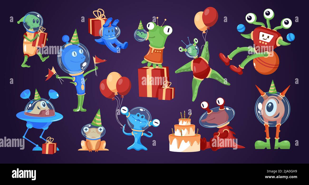 Funny aliens with presents balloons in birthday party hats tasting tier ...