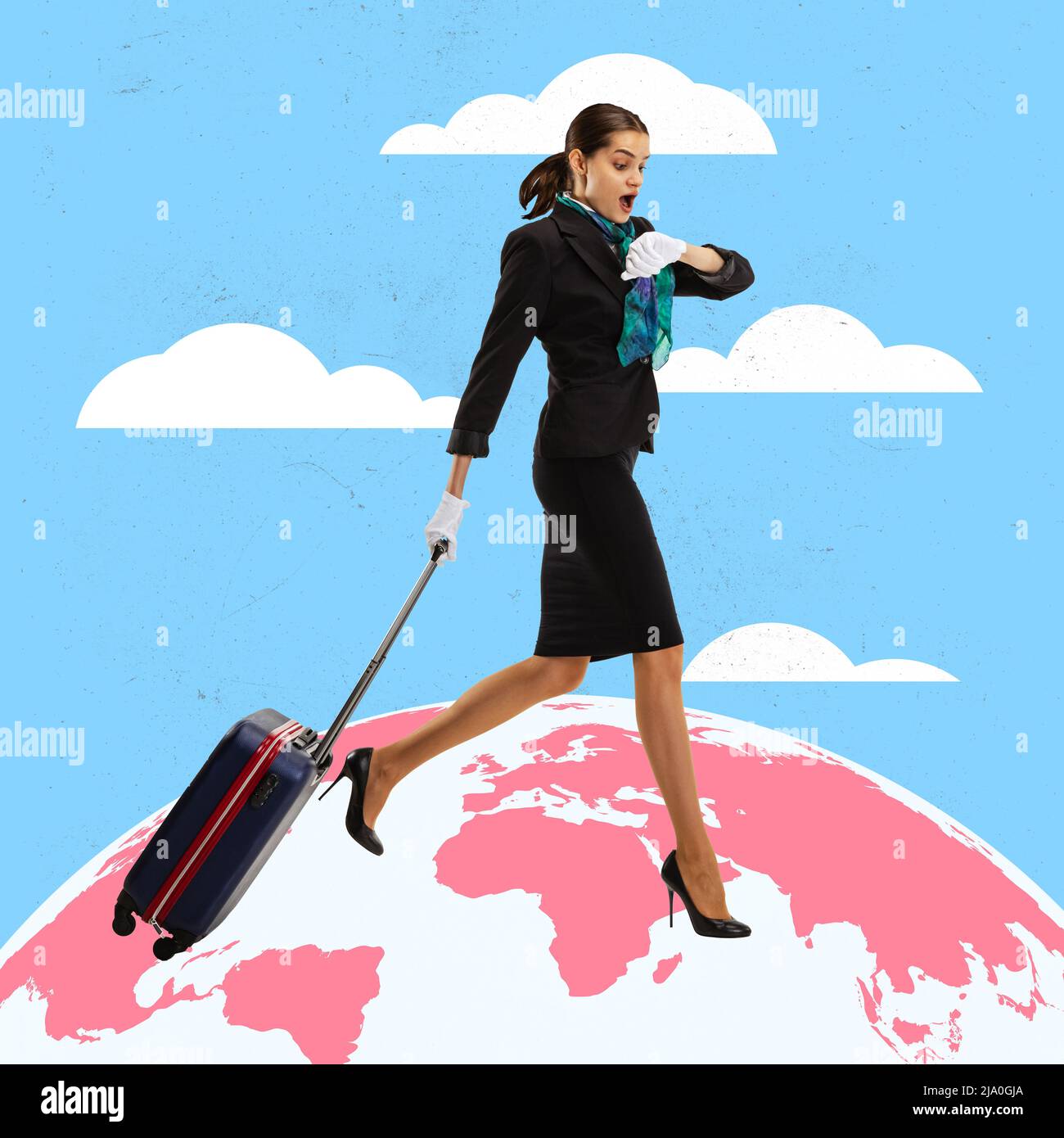 Art collage with beautiful young woman, flight attendant running with ...