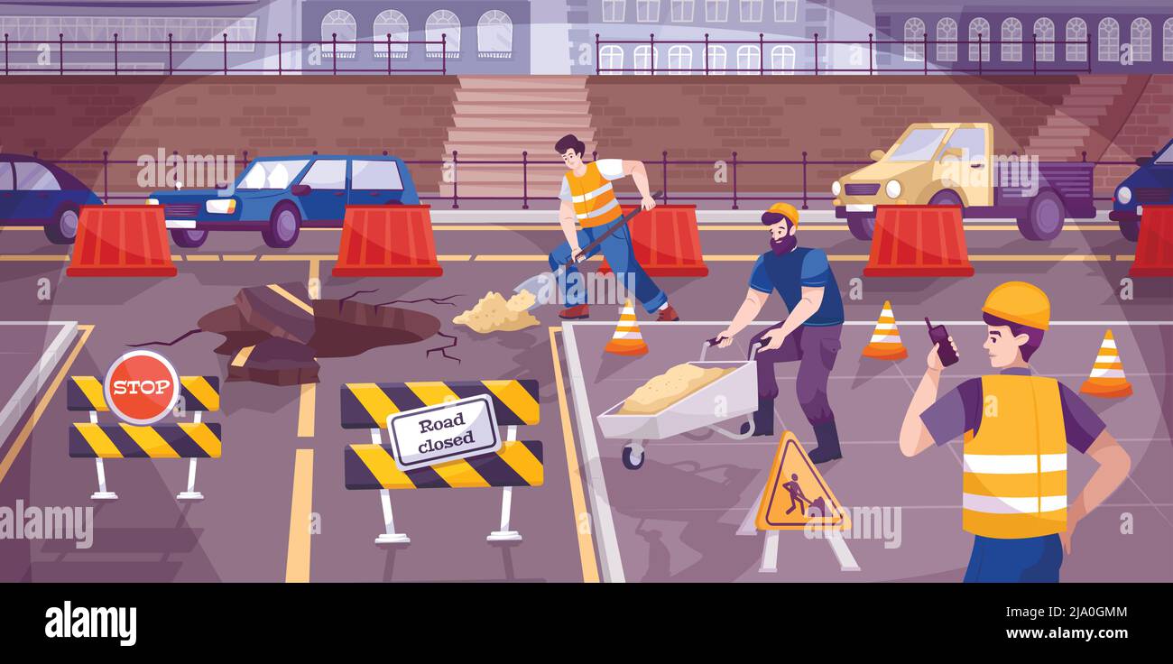 Road construction signs flat composition with workers are repairing the ...