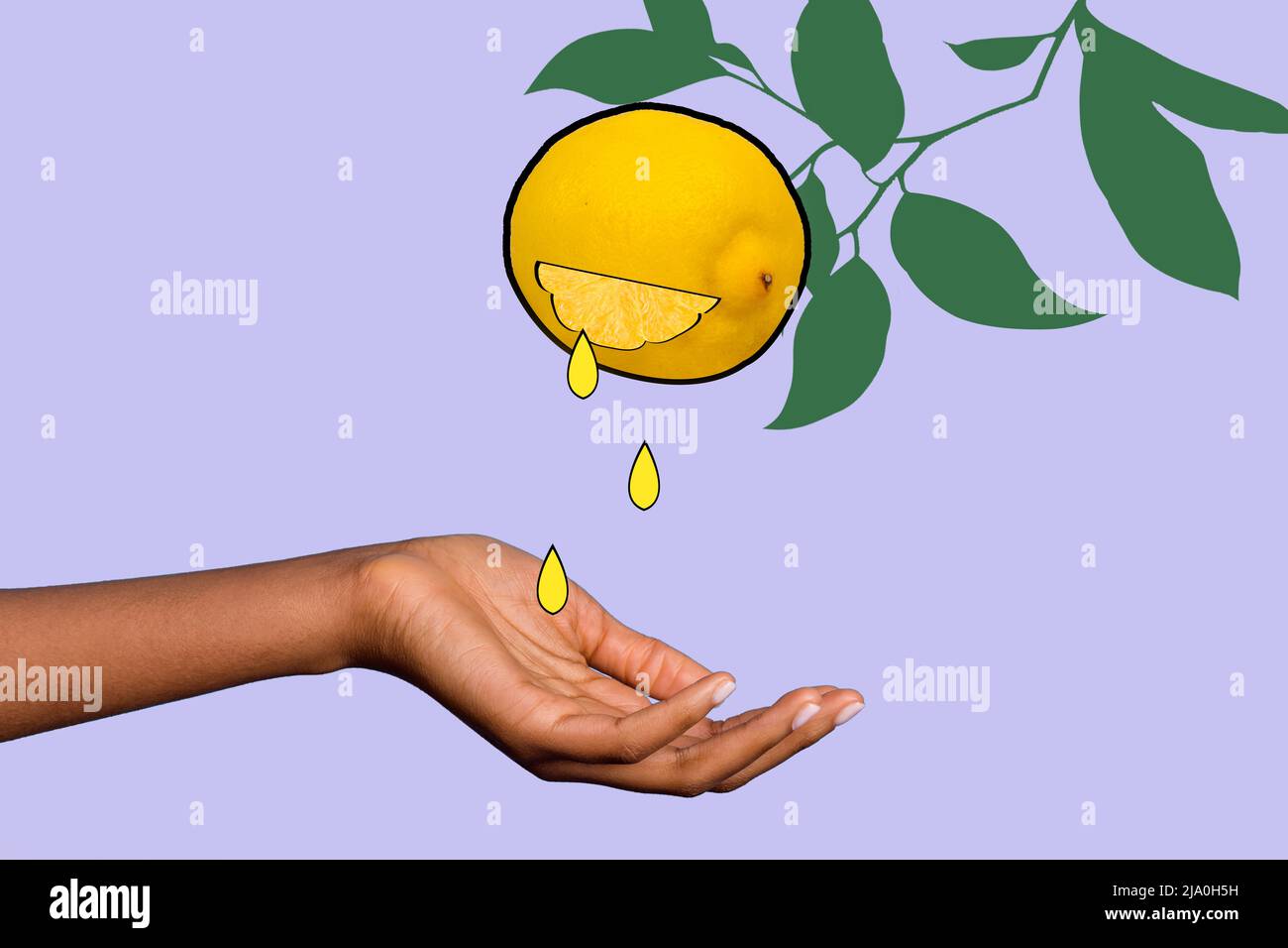 Collage picture of human person arm palm catch lemon juice drops ...
