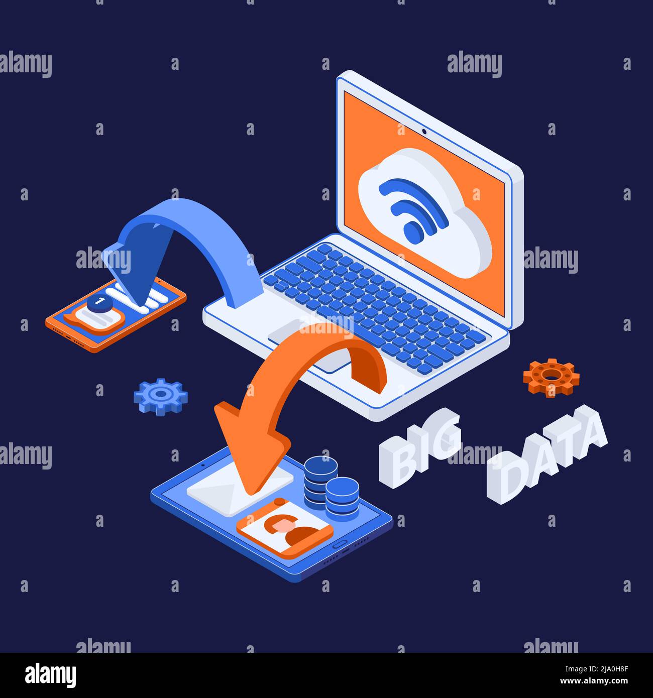 Isometric flowchart illustrating cloud exchange of big data by computer ...