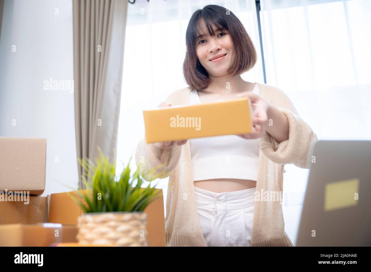 Smiling female merchant preparing a package box to deliver to customers ...