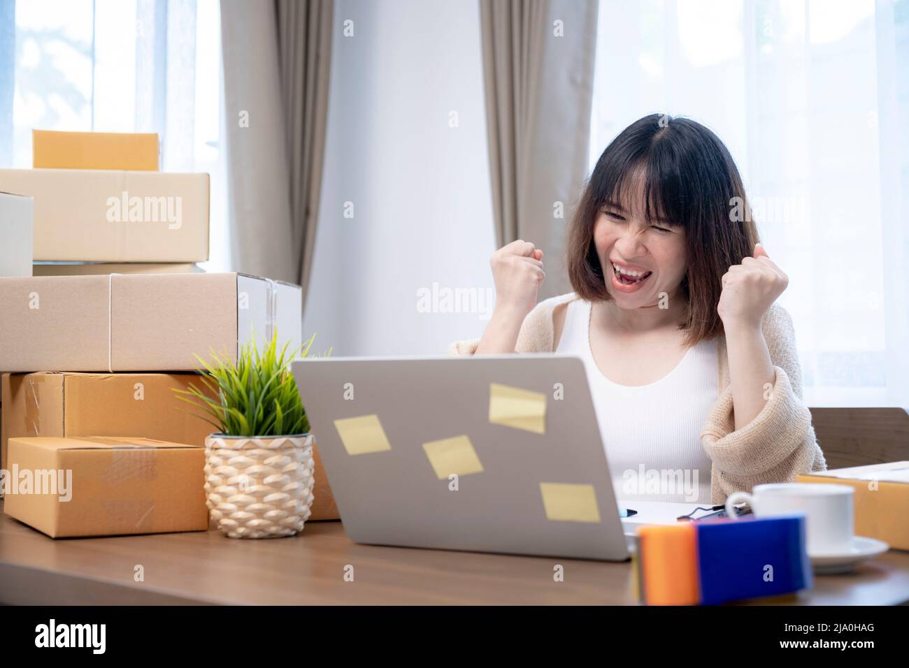 Happy freelance female merchant preparing a package box to deliver to ...