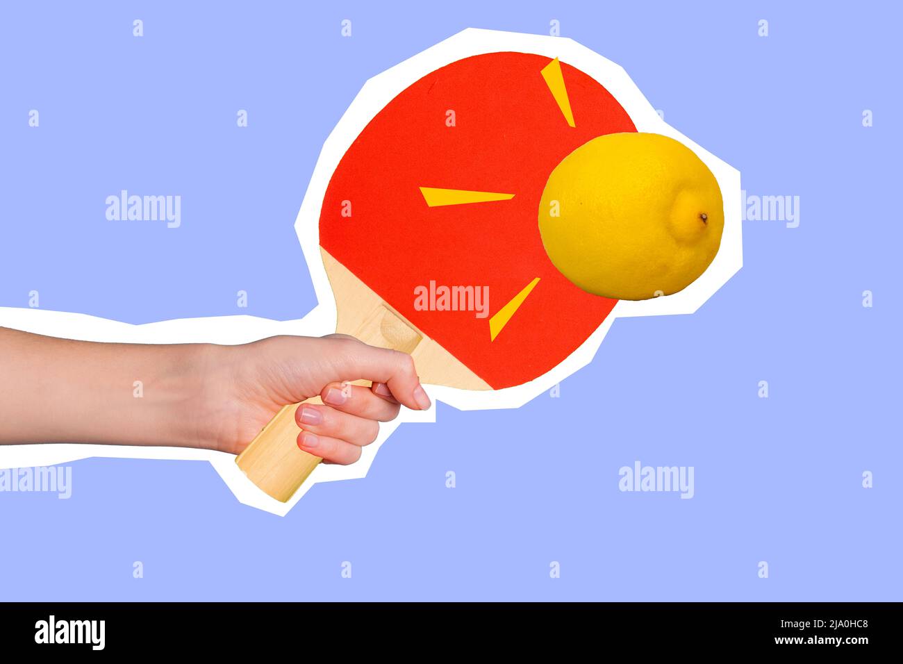 Creative portrait of human arm hold racket play ping pong lemon instead ...