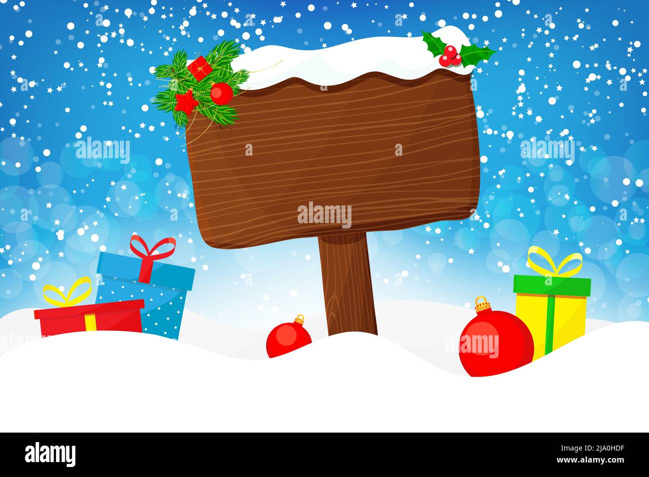 Christmas background wooden sign in snow standing around gift boxes ...