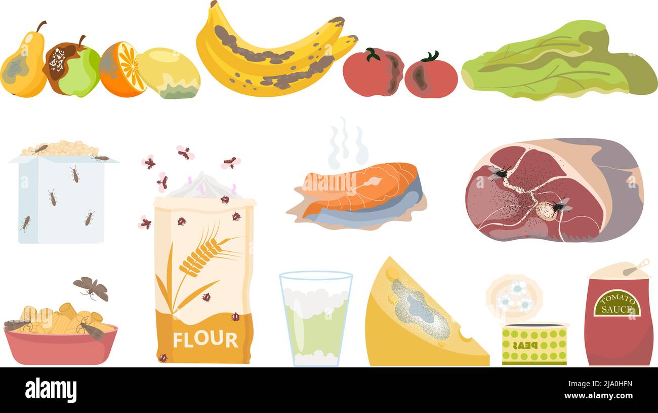 Danger food rotten poison set with flat isolated icons of expired ...