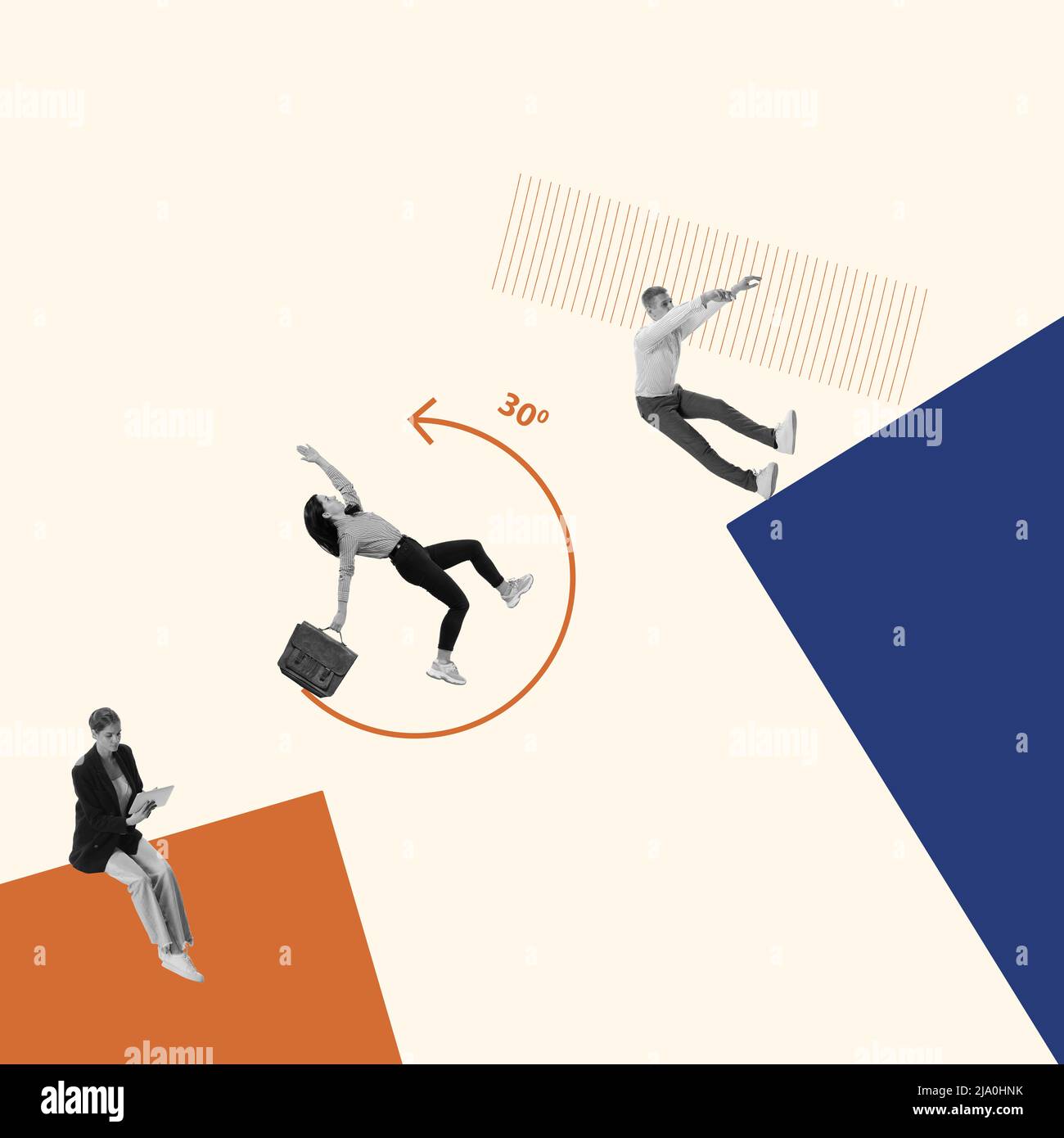 Contemporary art collage. Business people, employees working on ...