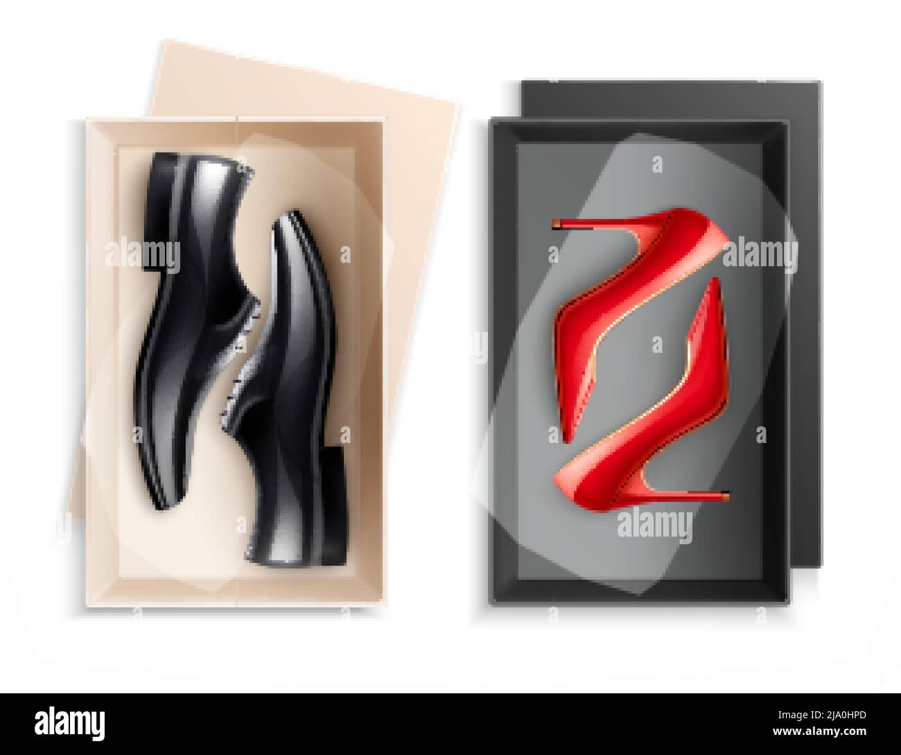 New men women footwear in shoe boxes realistic set of formal black and ...