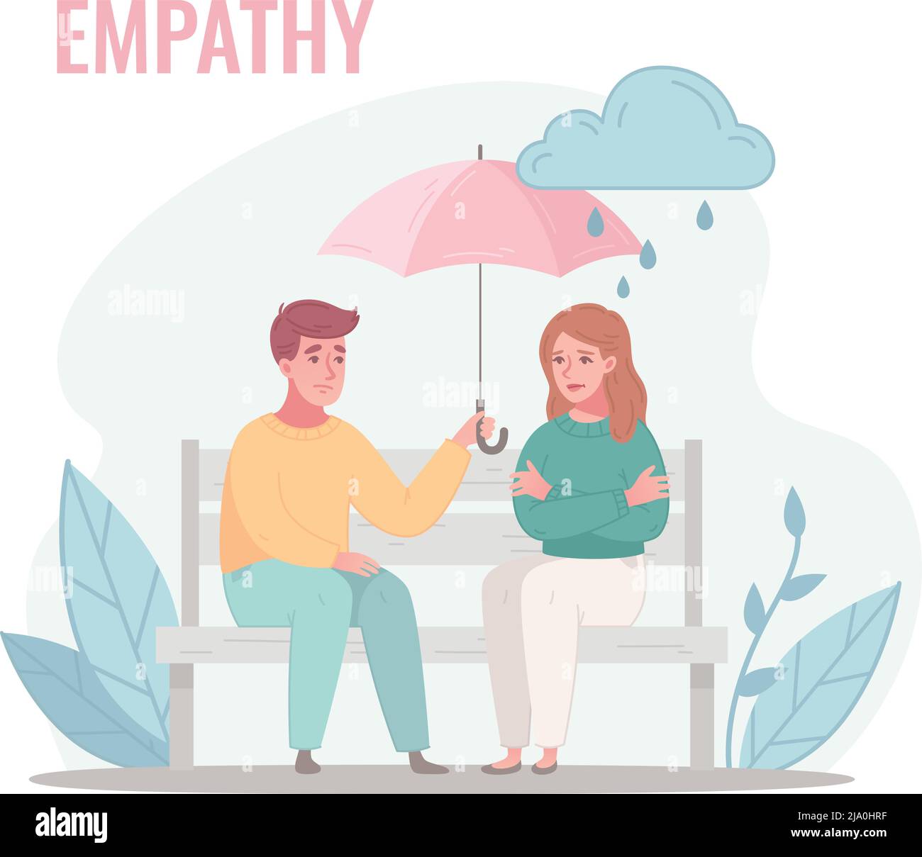 Empathy characters cartoon composition with couple sitting on bench with umbrella on rainy day ...