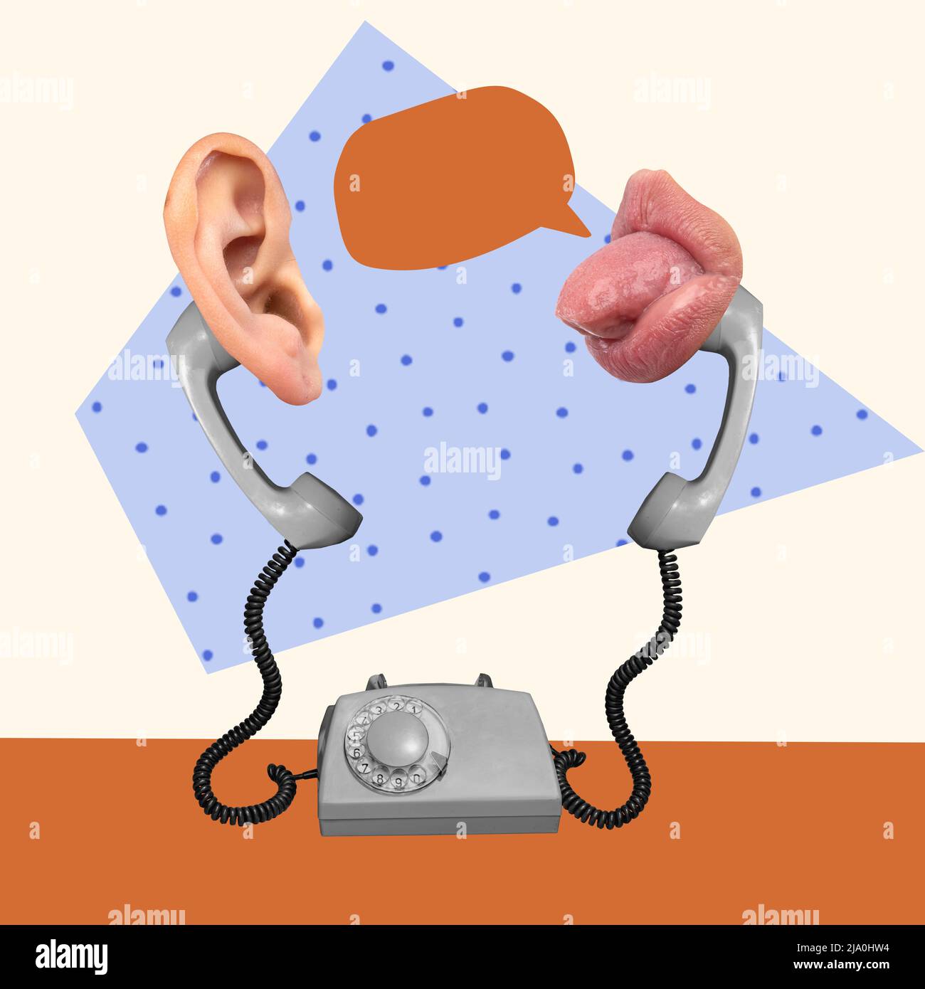 Contemporary art collage. Human ear and mouth with tongue sticking out ...