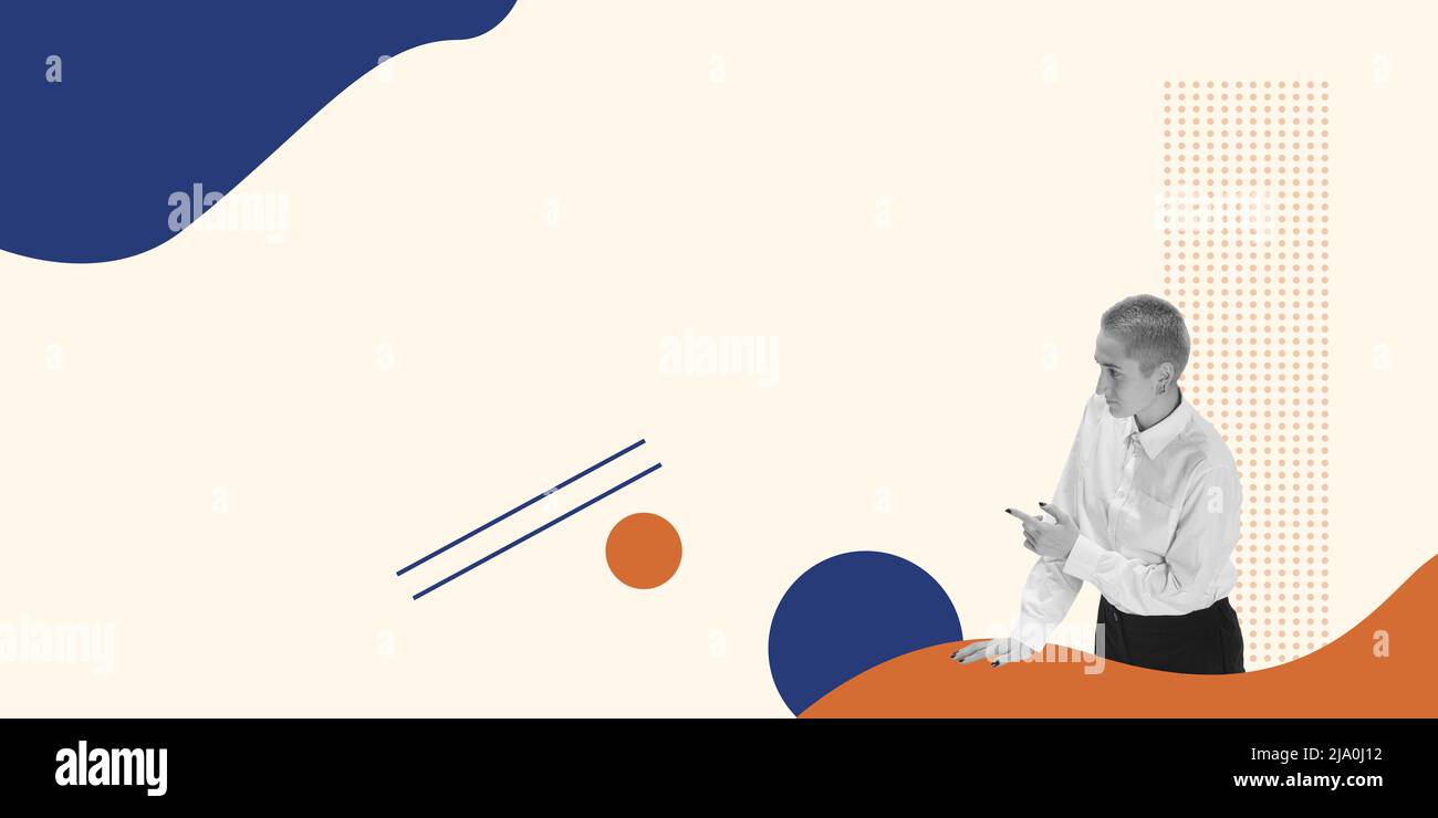 Contemporary art collage. Young woman, employee having project ...