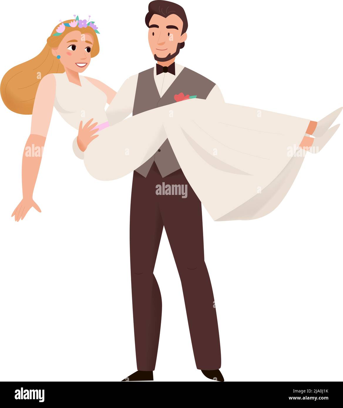 Marriage ceremony wedding day composition with groom holding bride in ...