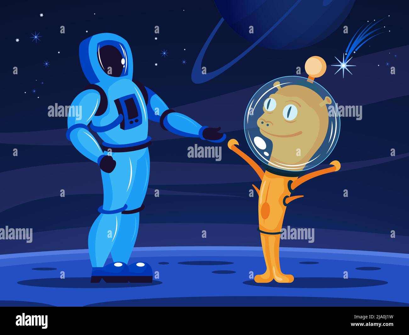 Alien meets human astronaut in spacesuit on blue planet surface dark ...