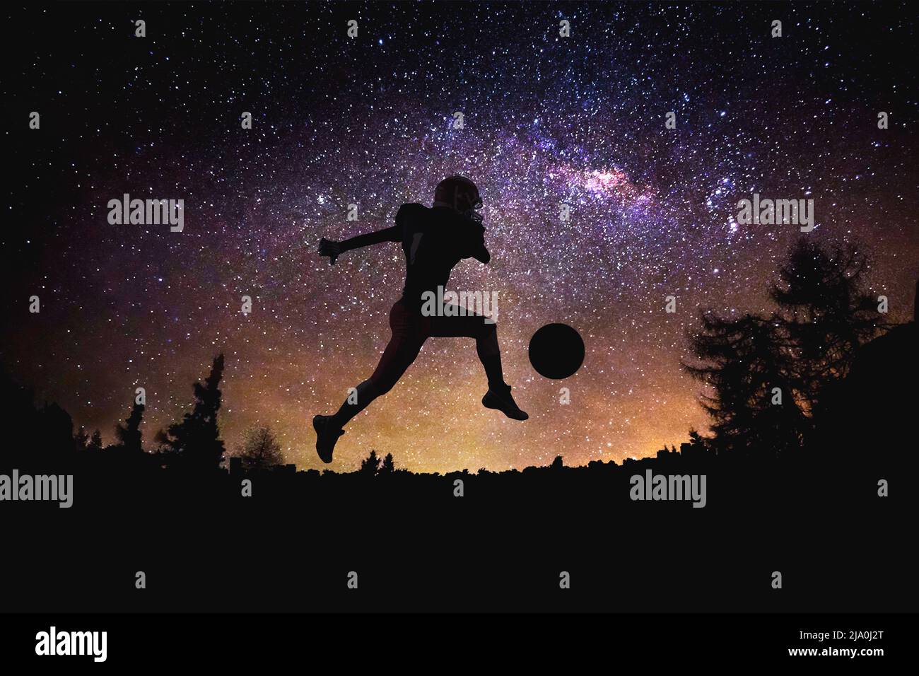 player american football man jumping silhouette at the night starry sky ...
