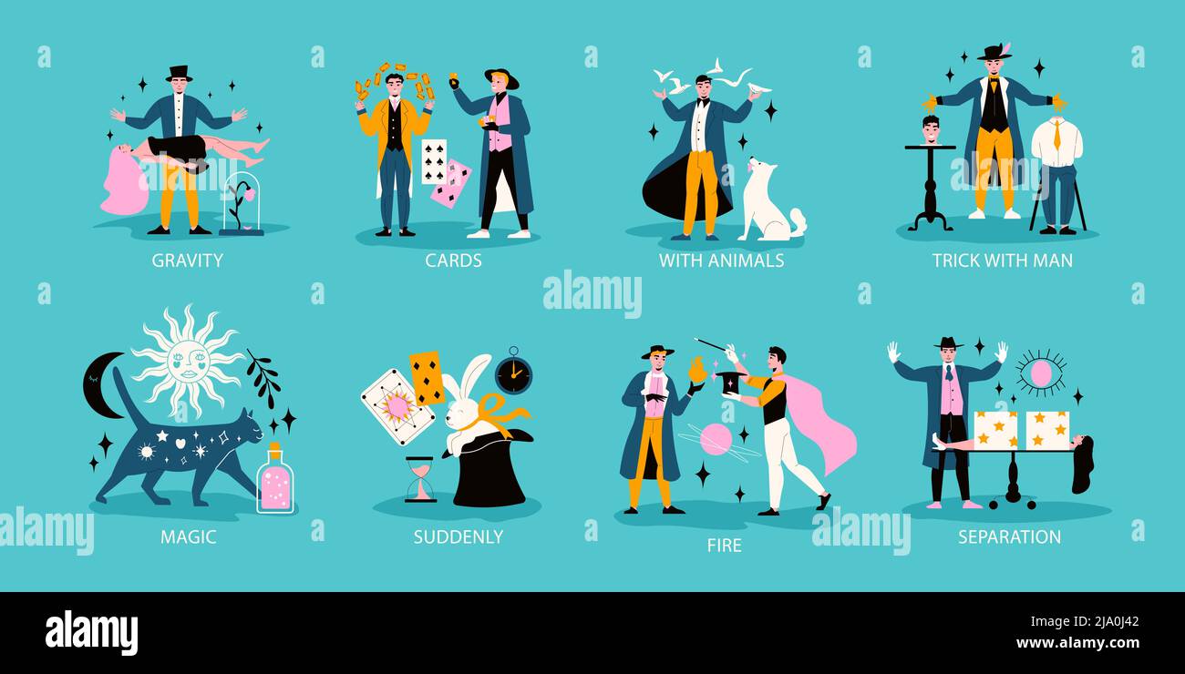 Set of eight flat compositions with magicians and illusionists ...
