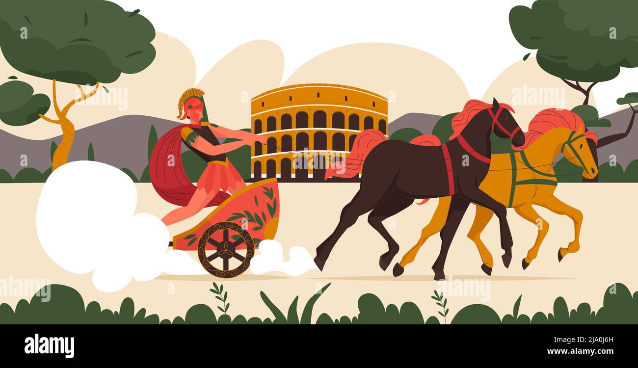 Ancient roman warrior in chariot pulled by two horses on background ...