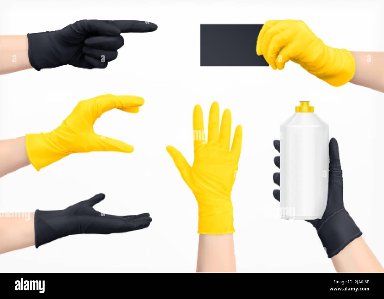 Human hands in protective gloves of black and yellow colors realistic ...