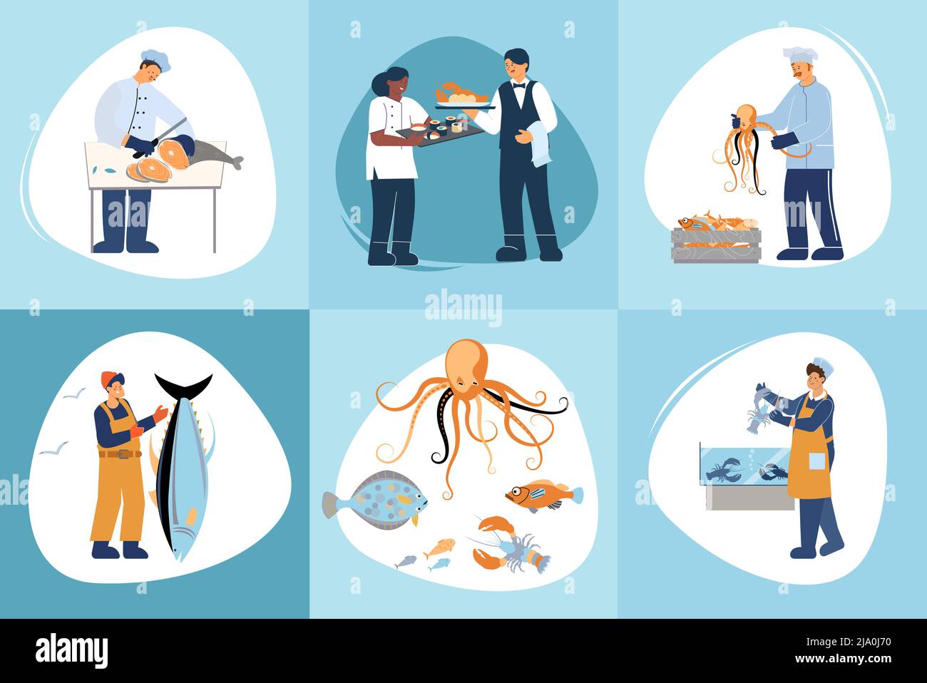 Flat composition set with various seafood human characters catching ...