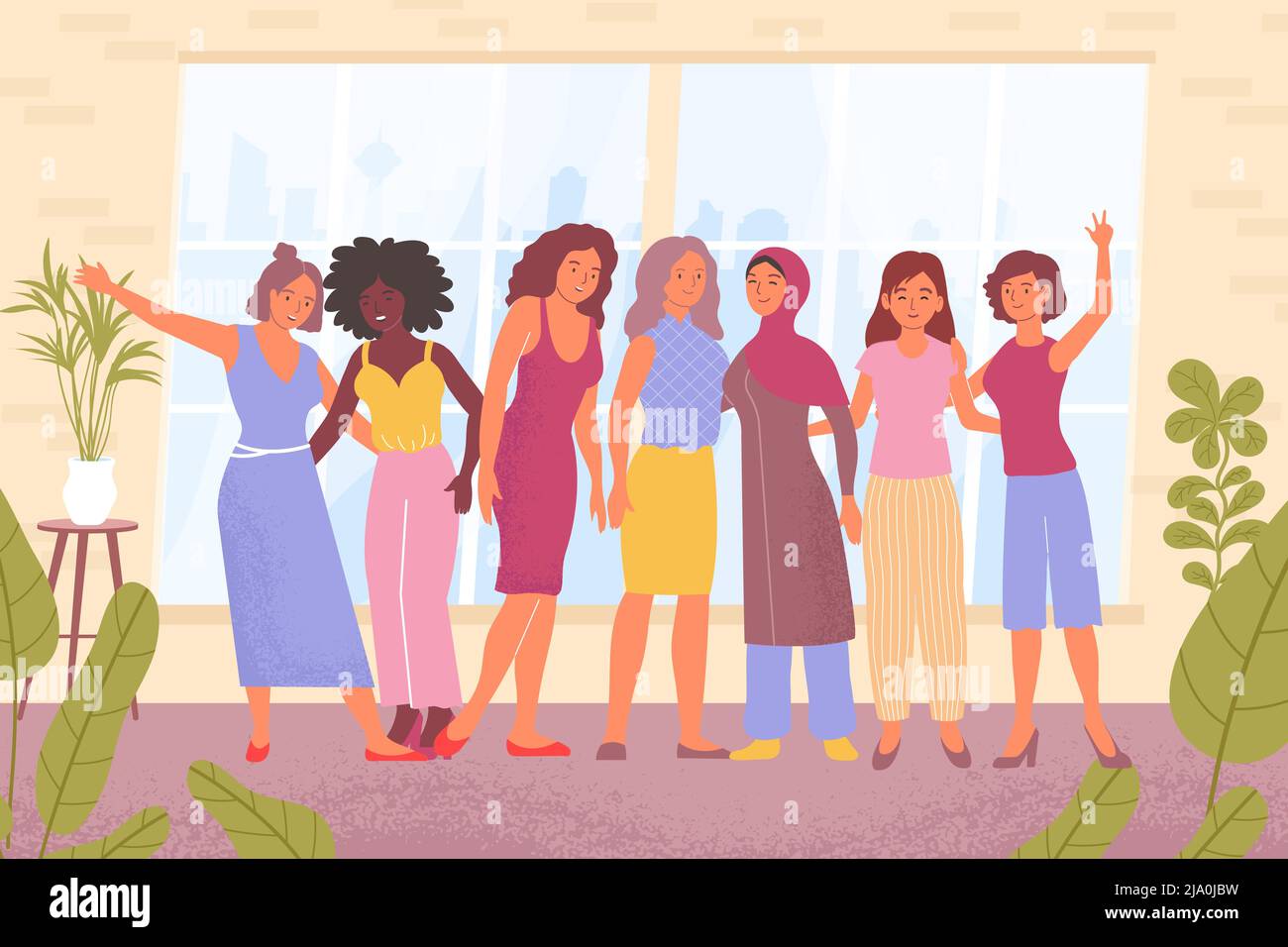 Ladies of different nationalities hugging flat vector illustration ...