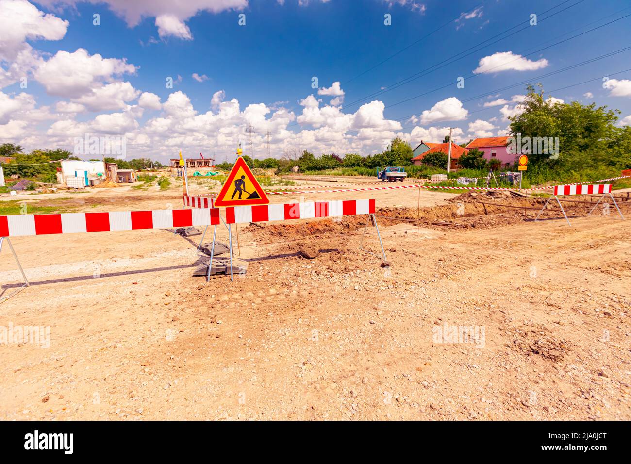 Work in progress, triangle sign with boundary, caution symbol, trench ...