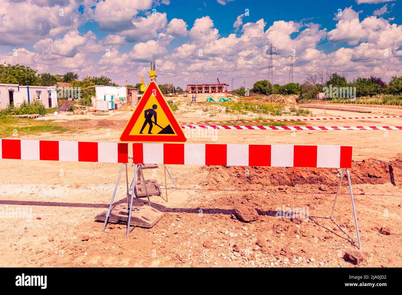 Work in progress, triangle sign with boundary, caution symbol, trench ...