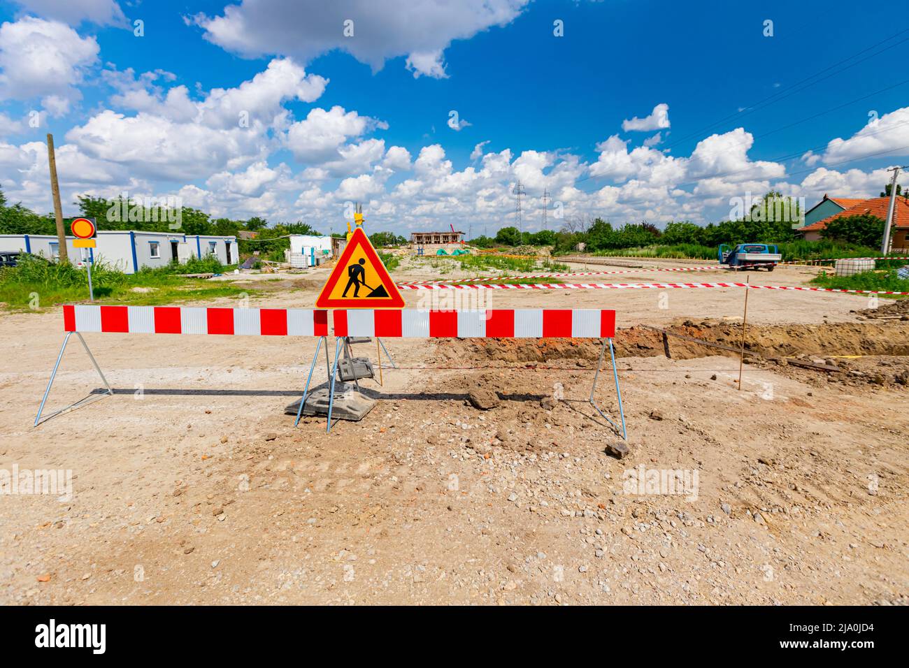 Work in progress, triangle sign with boundary, caution symbol, trench ...
