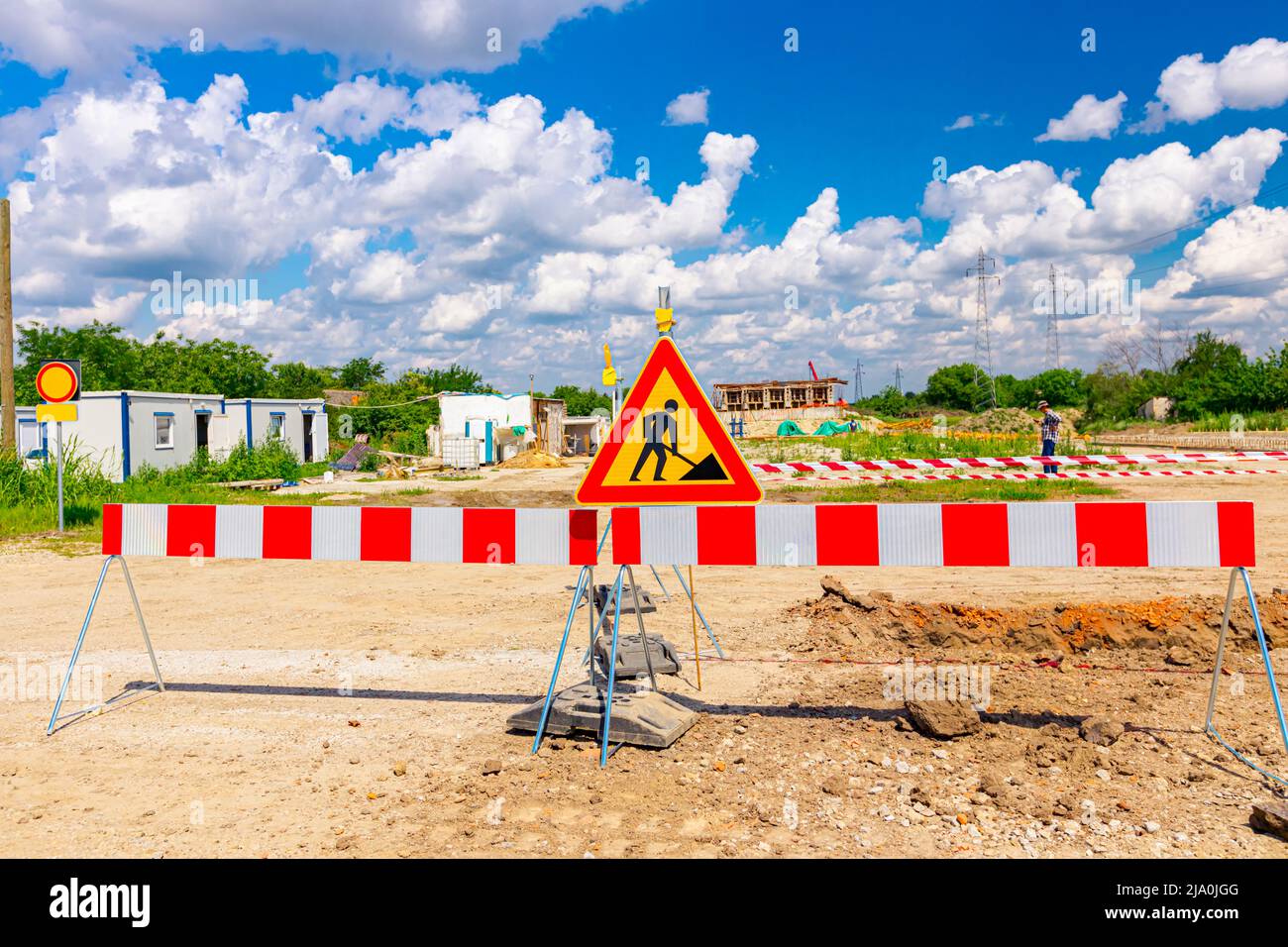 Work in progress, triangle sign with boundary, caution symbol, trench ...