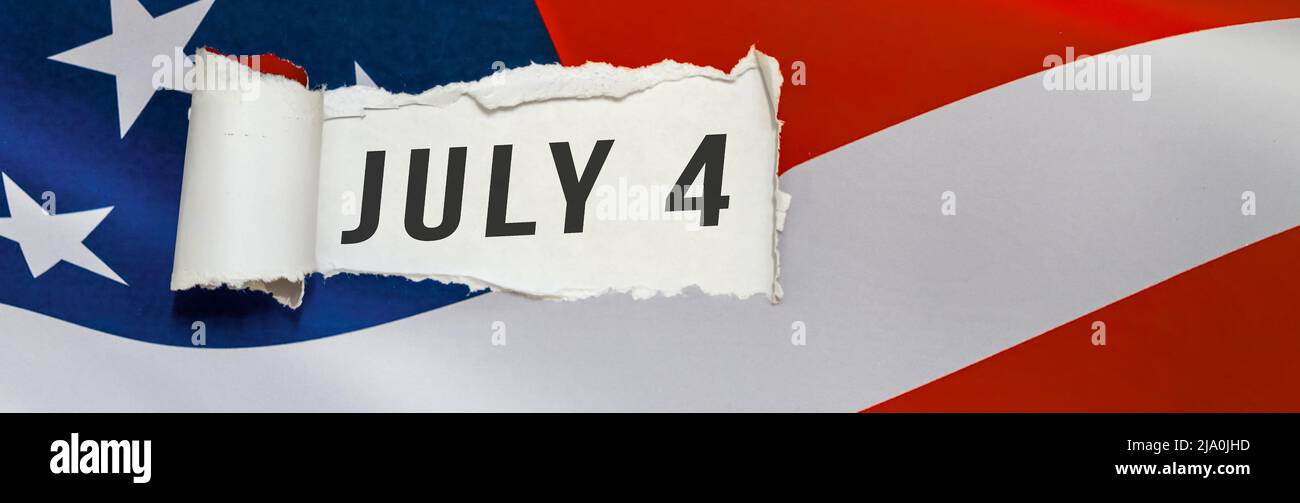 July 4 message on American flag torn ripped opening. Independence Day ...