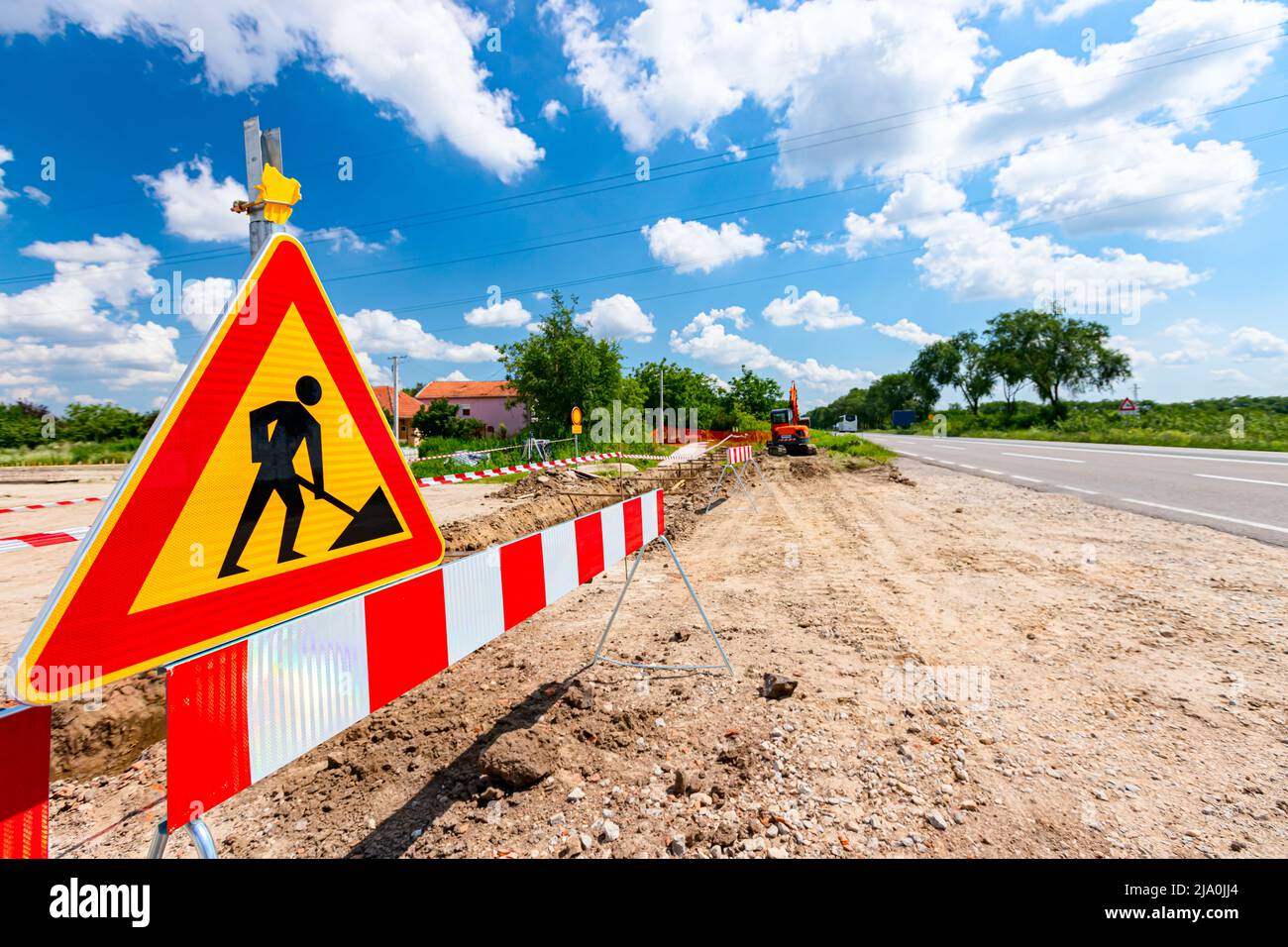 Work in progress, triangle sign with boundary, caution symbol, trench ...