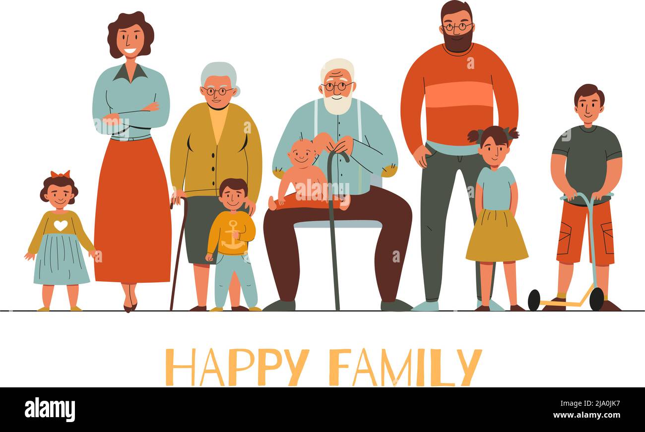 Happy family with different generations flat vector illustration Stock ...