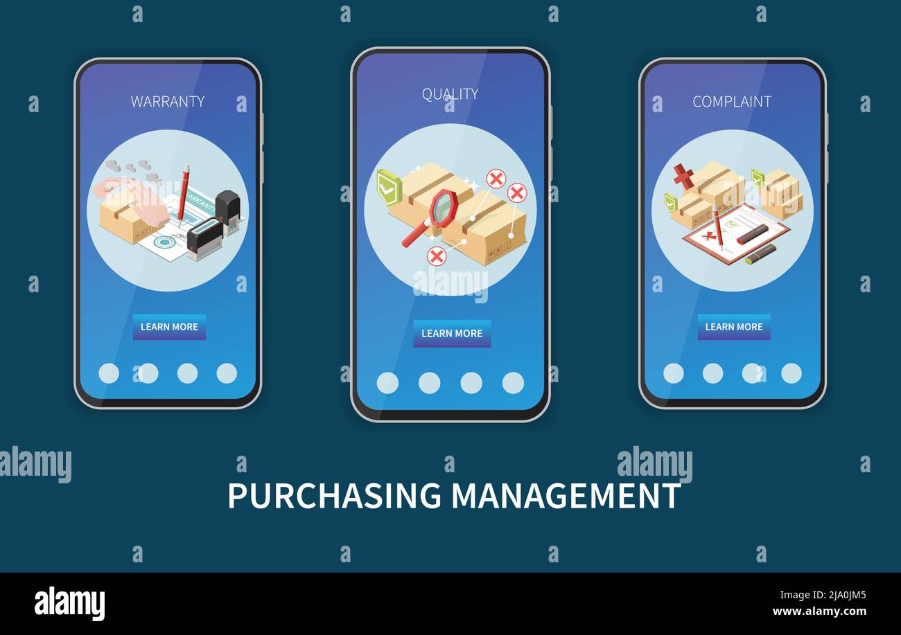 Procurement management apps 3 isometric smartphone screens set with ...