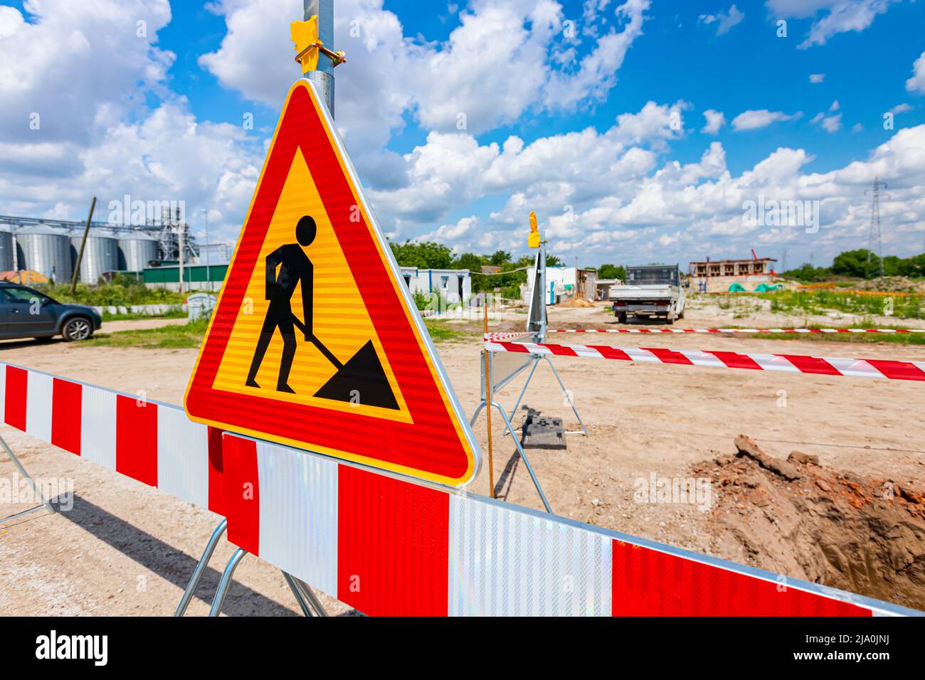 Work in progress, triangle sign with boundary, caution symbol, trench ...