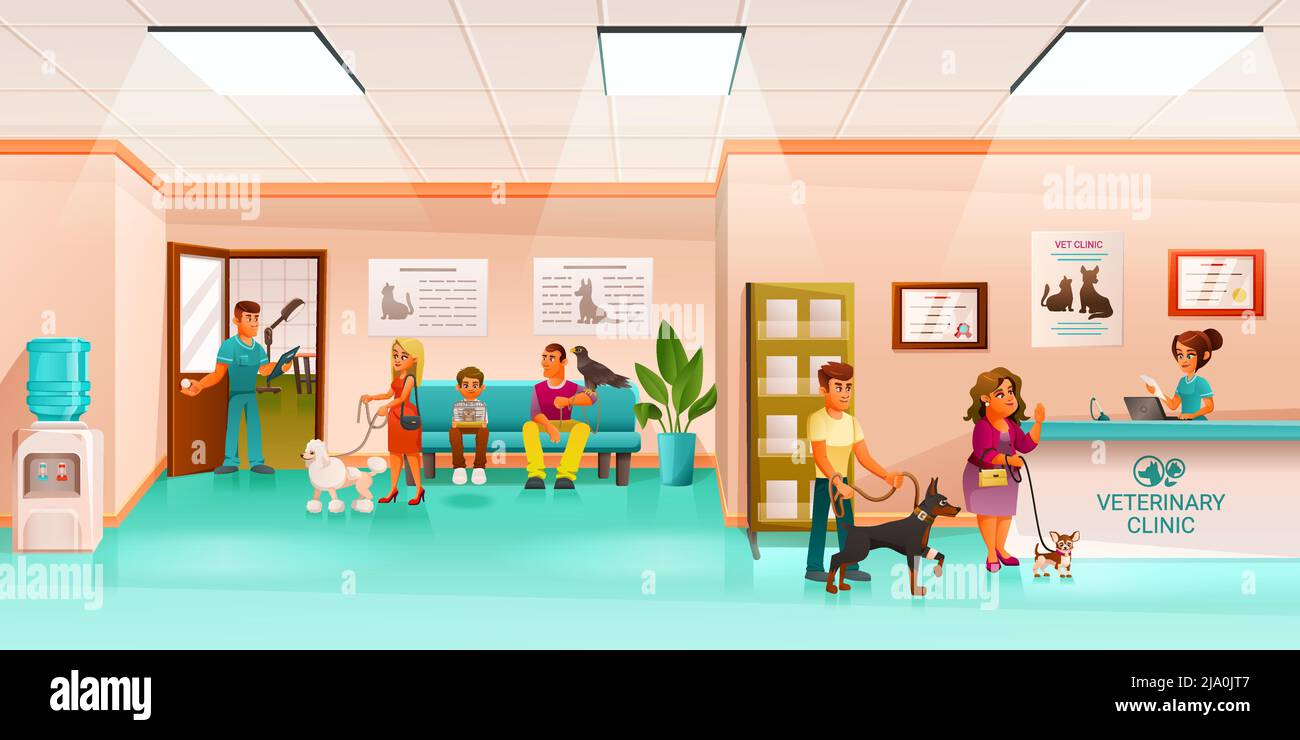 Veterinary clinic cartoon composition with view of reception hall with ...
