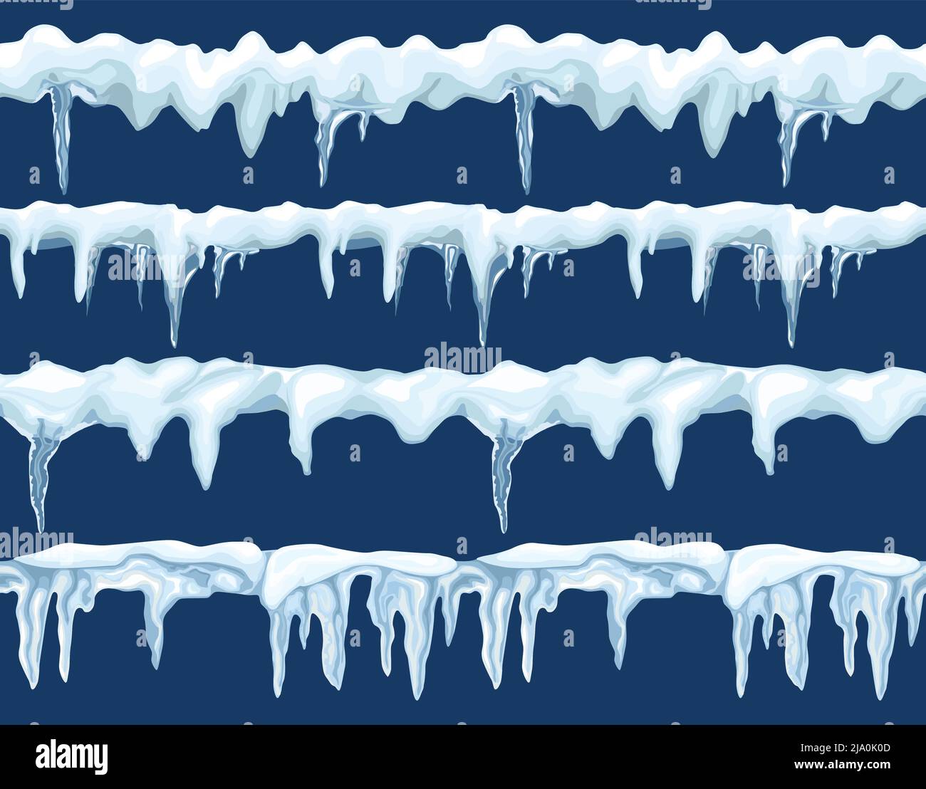 Snow borders seamless pattern with ornate hanging icicles at blue ...