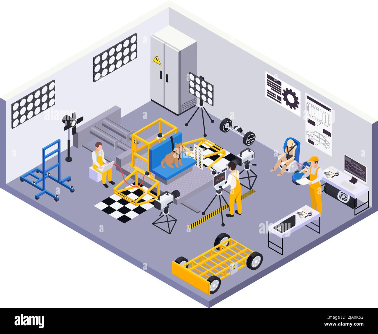 Crash test car safety isometric composition with indoor scenery and ...