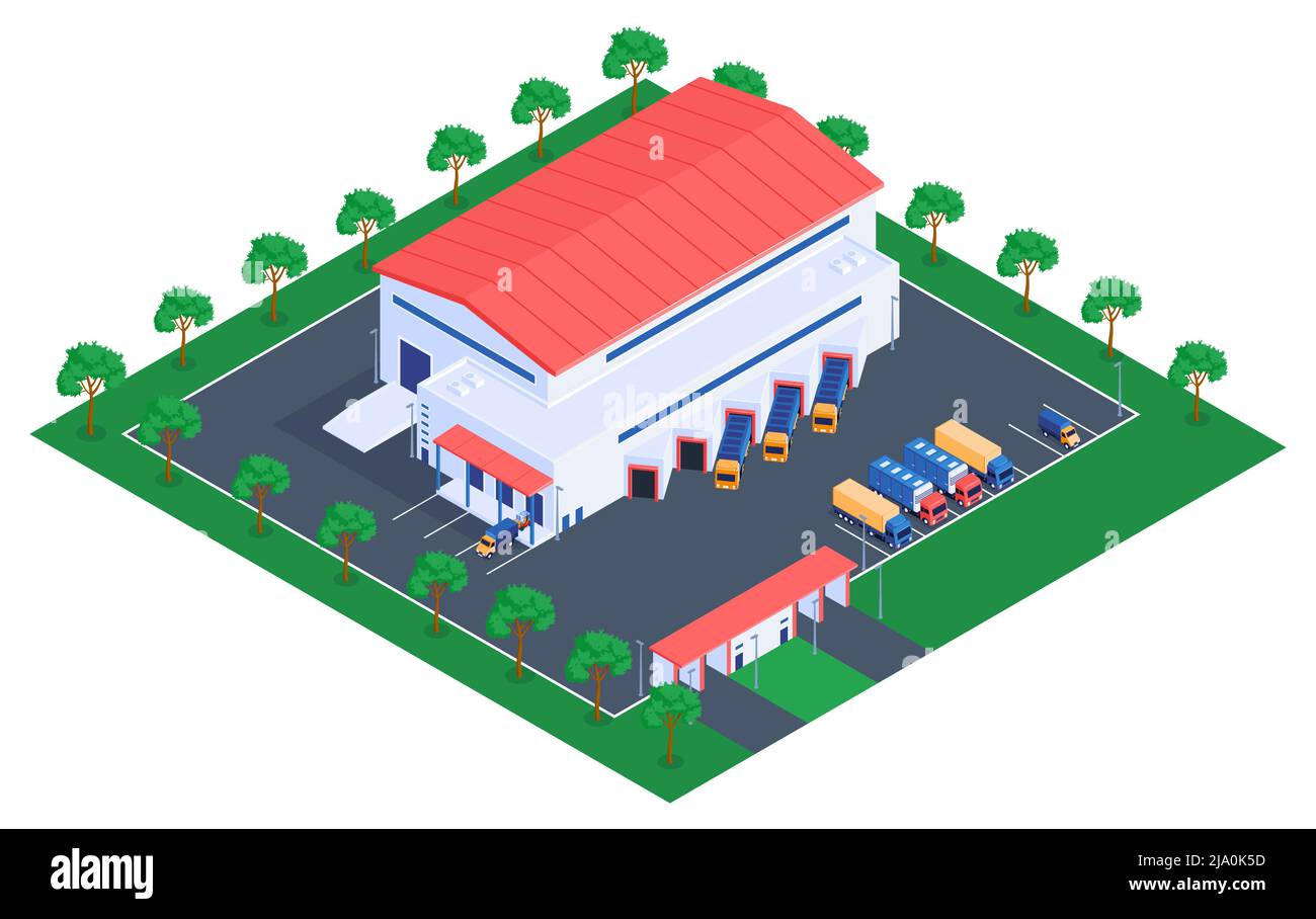 Isometric logistic composition with view of warehouse building with ...