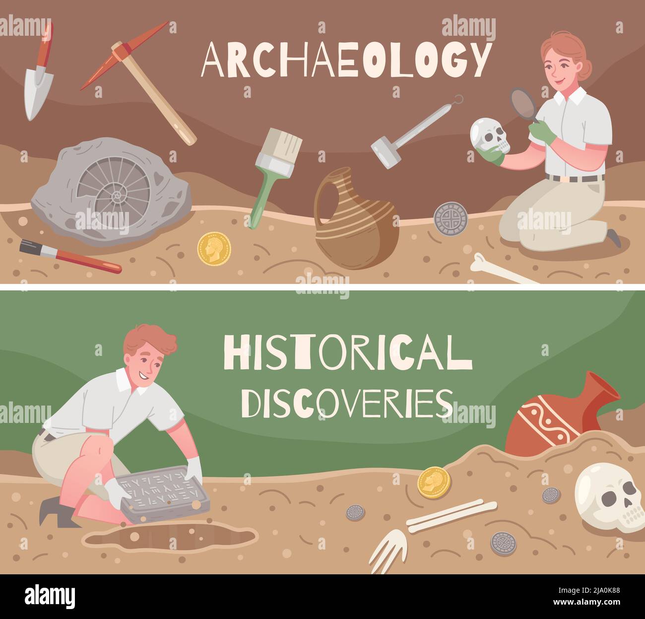 Set of two horizontal archaeology cartoon banners with characters of ...