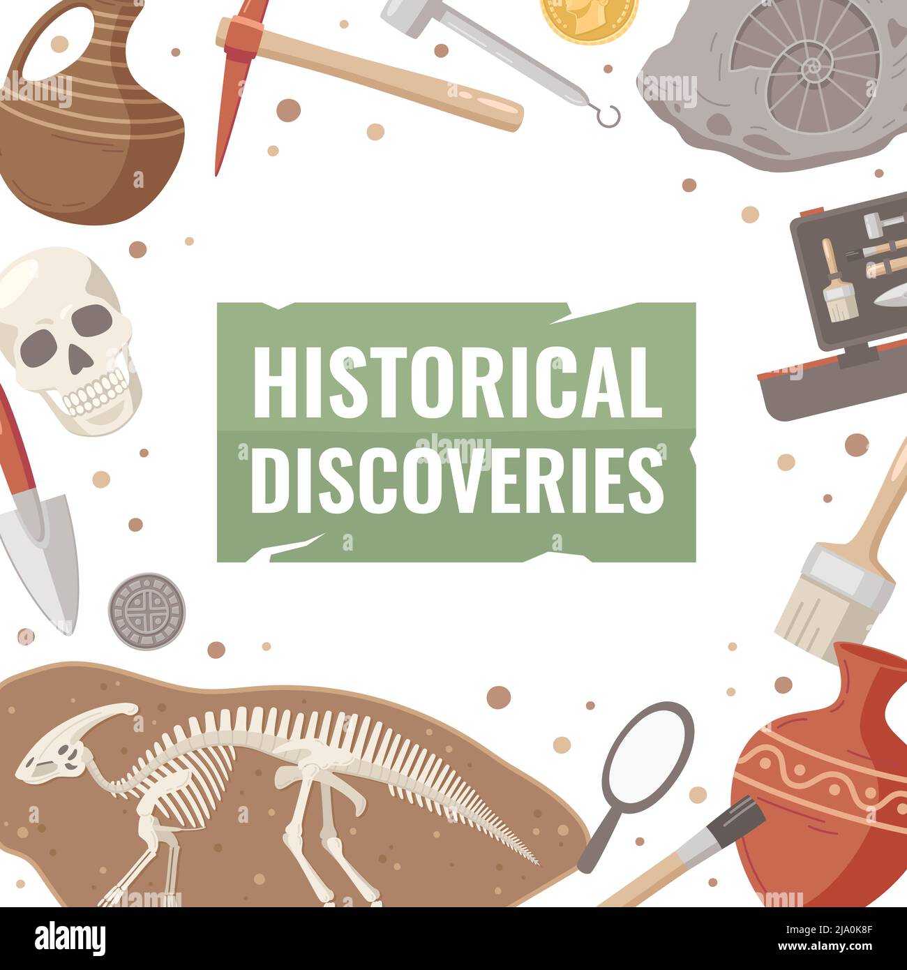 Archaeology cartoon composition with set of digging tool icons ancient ...