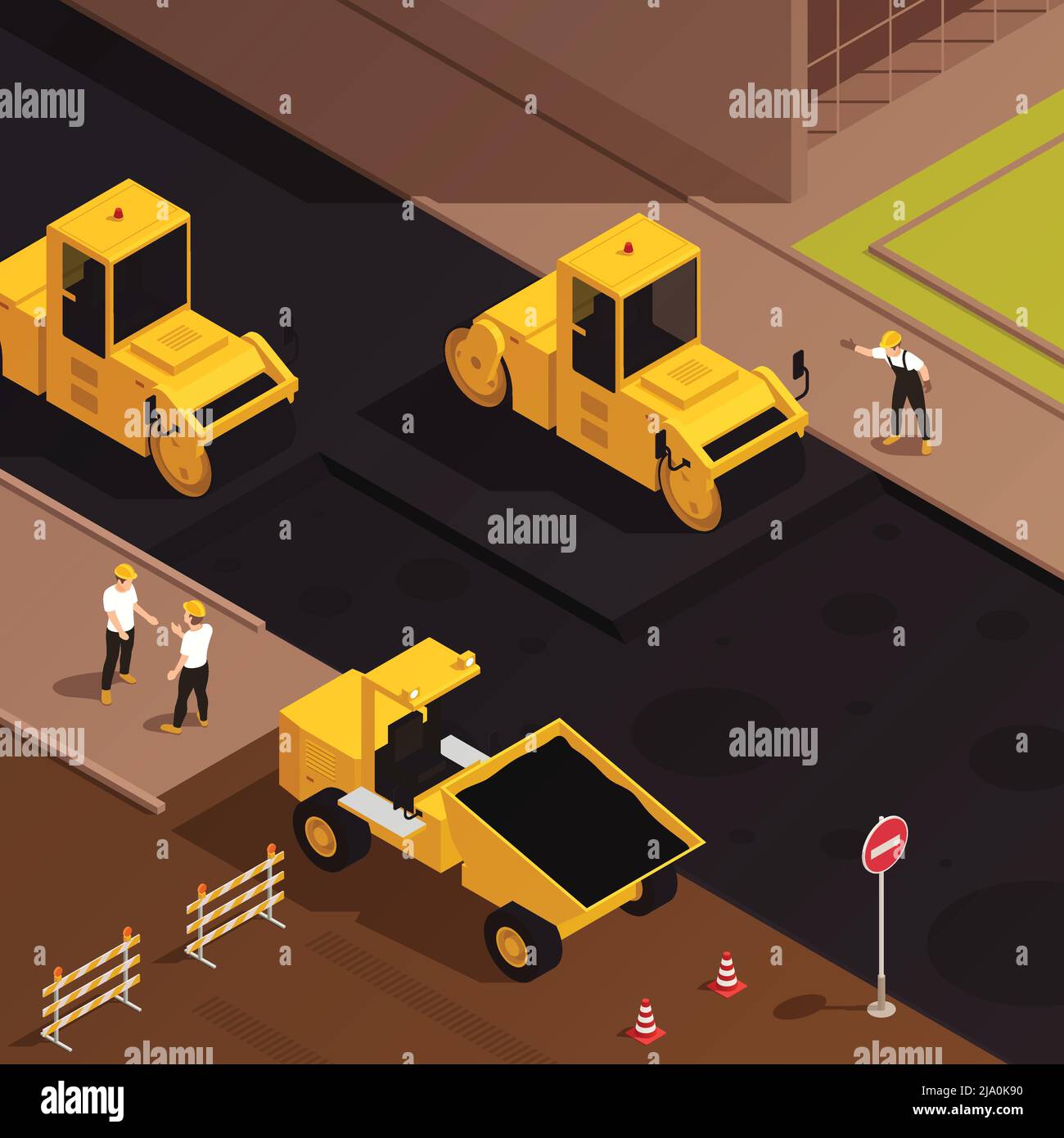 Road construction isometric composition with outdoor view of city ...
