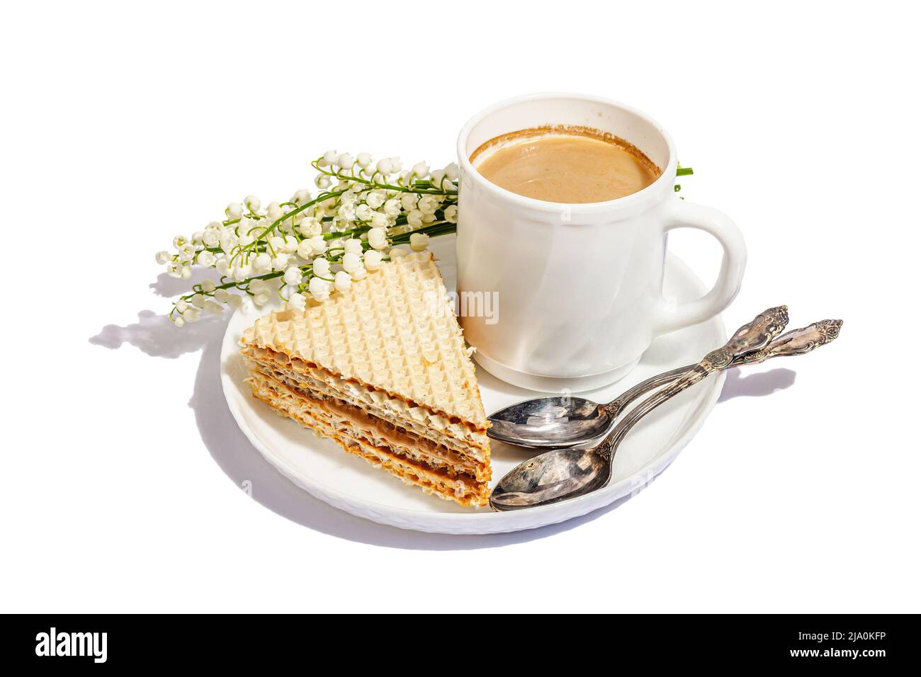 Cup of coffee and waffle cake isolated on a white background. Sweet ...