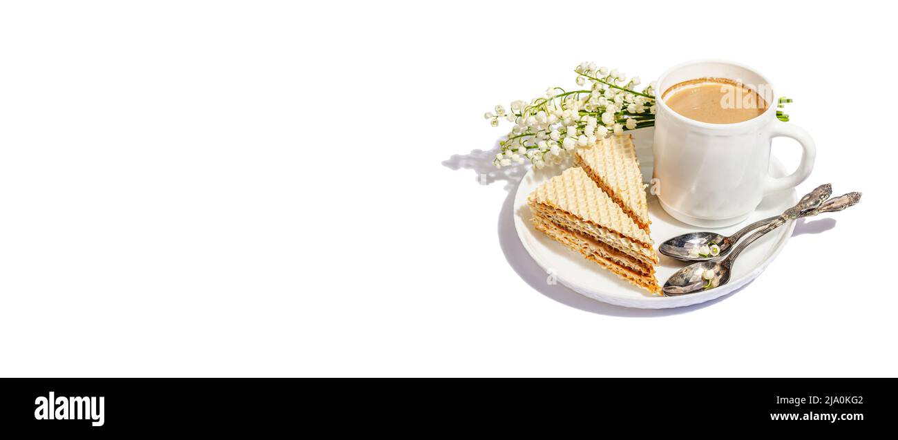 Cup of coffee and waffle cake isolated on a white background. Sweet ...