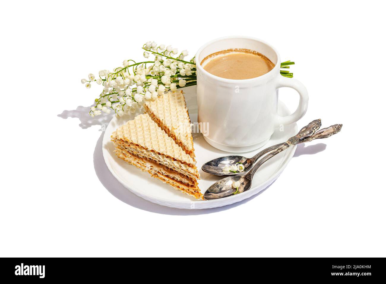 Cup of coffee and waffle cake isolated on a white background. Sweet ...