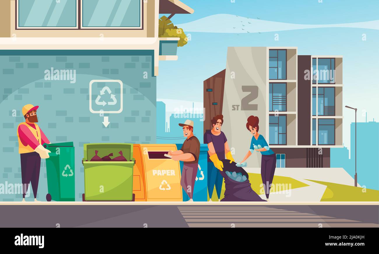 People sorting garbage into different containers and bag on background with city buildings ...